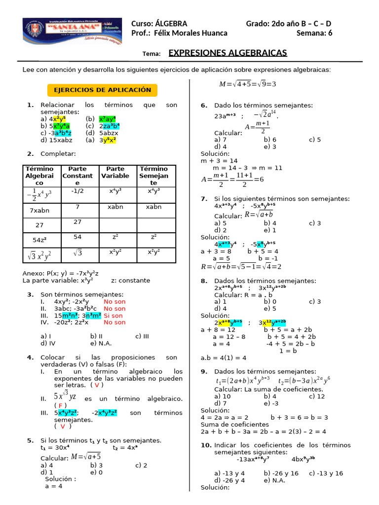 FICHA 04 ALGEBRA B-C-D - 2do Sec - Expresiones Algebraicas | PDF | Álgebra | Matemáticas