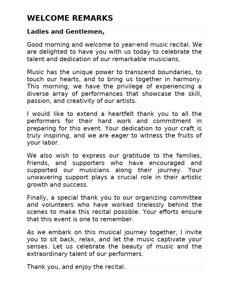 Welcome Remarks For Recital | PDF