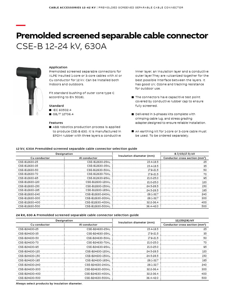 ABB HV Connector 12-24kV CSE-B630 Catalog en | PDF | Electrical ...