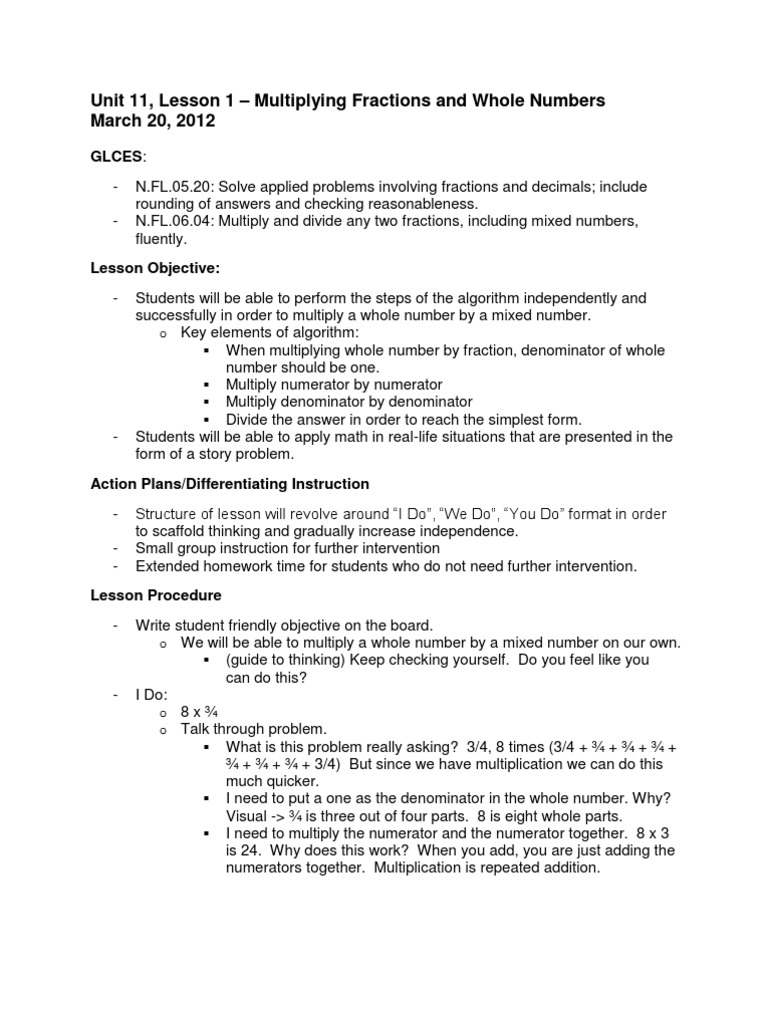 Unit 11, Lesson 1 - Multiplying Fractions and Whole Numbers March 20 ...