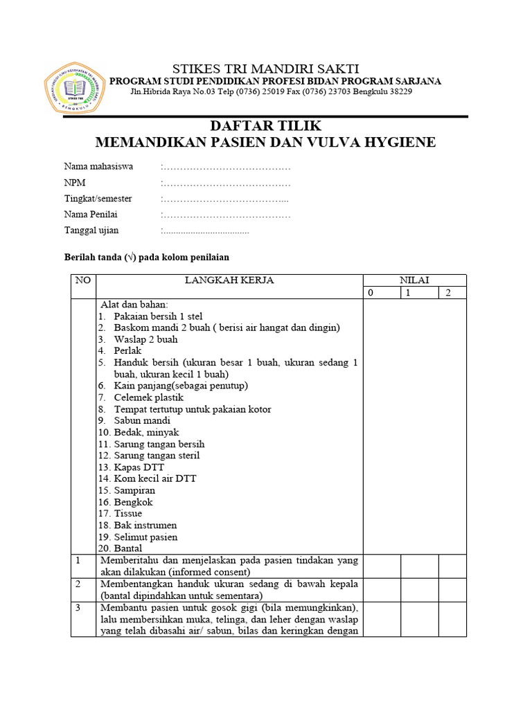Daftar Tilik Memandikan Pasien | PDF