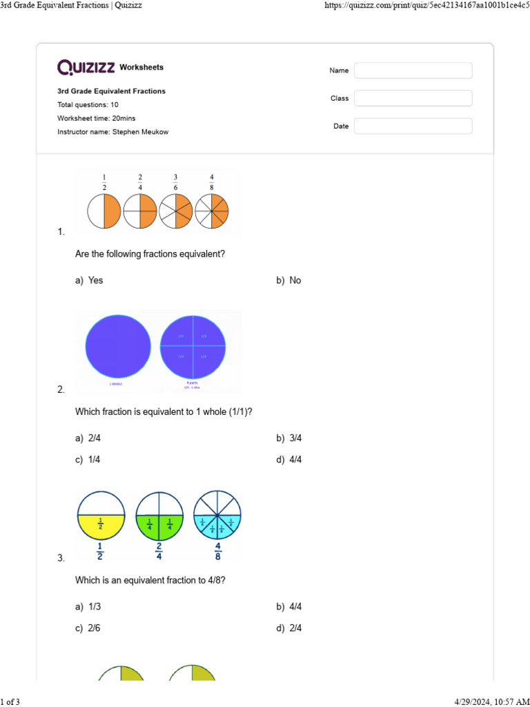 Equivalent Fractions Quizizz | PDF | Chess | Chess Theory