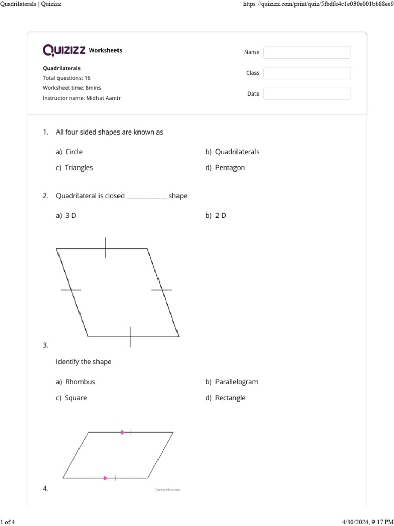 Quadrilaterals Quiz | PDF | Rectangle | Euclidean Geometry