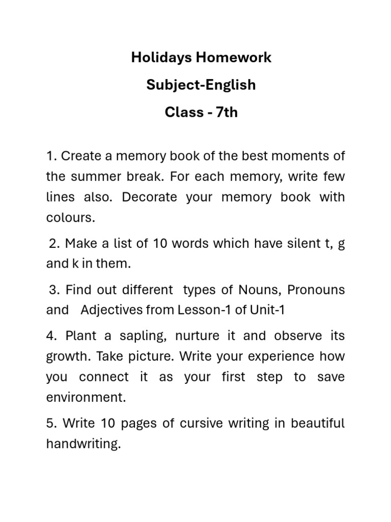Class 7th, Subject-English, Holidays Homework | PDF