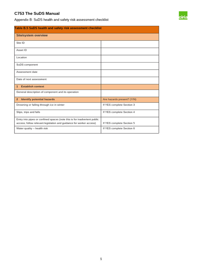 SuDS Health & Safety Risk Checklist | PDF | Risk | Risk Assessment