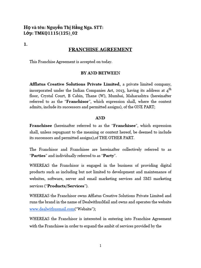 Franchise Agreement for Digital Services | PDF | Franchising | Breach ...