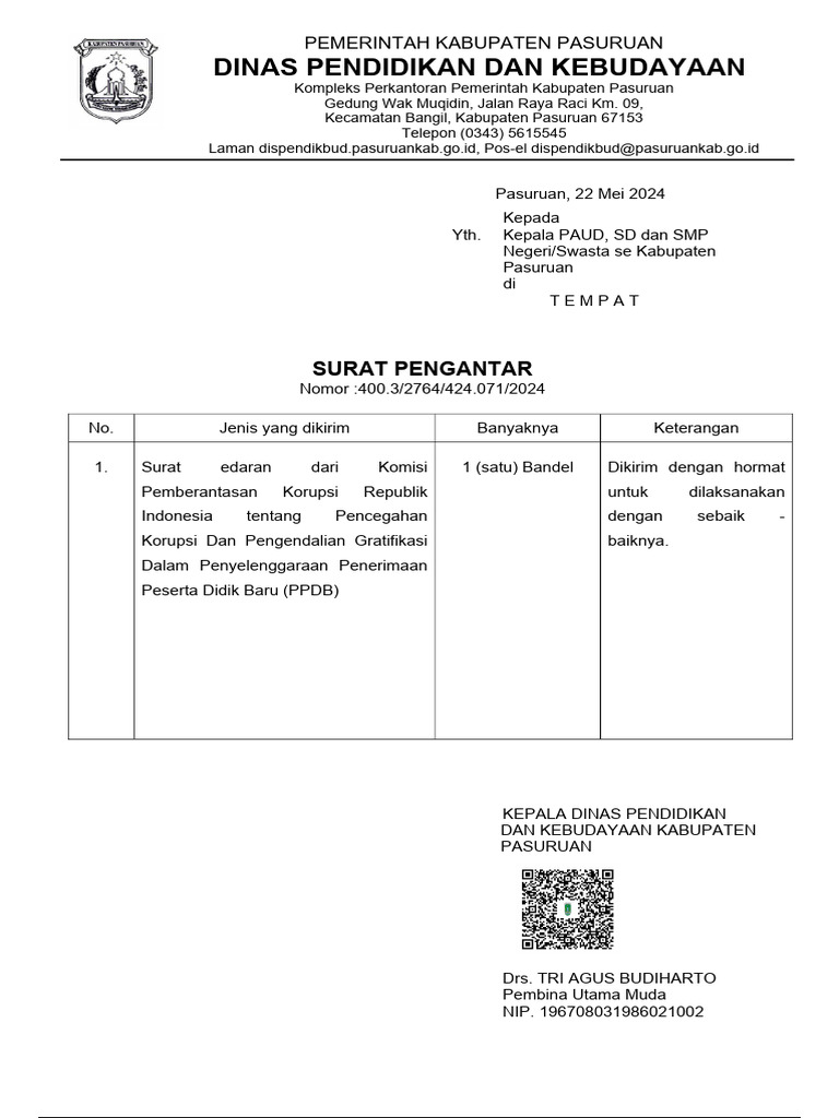 Surat Pengantar Surat edaran dari Komisi Pemberantasan Korupsi Republik ...