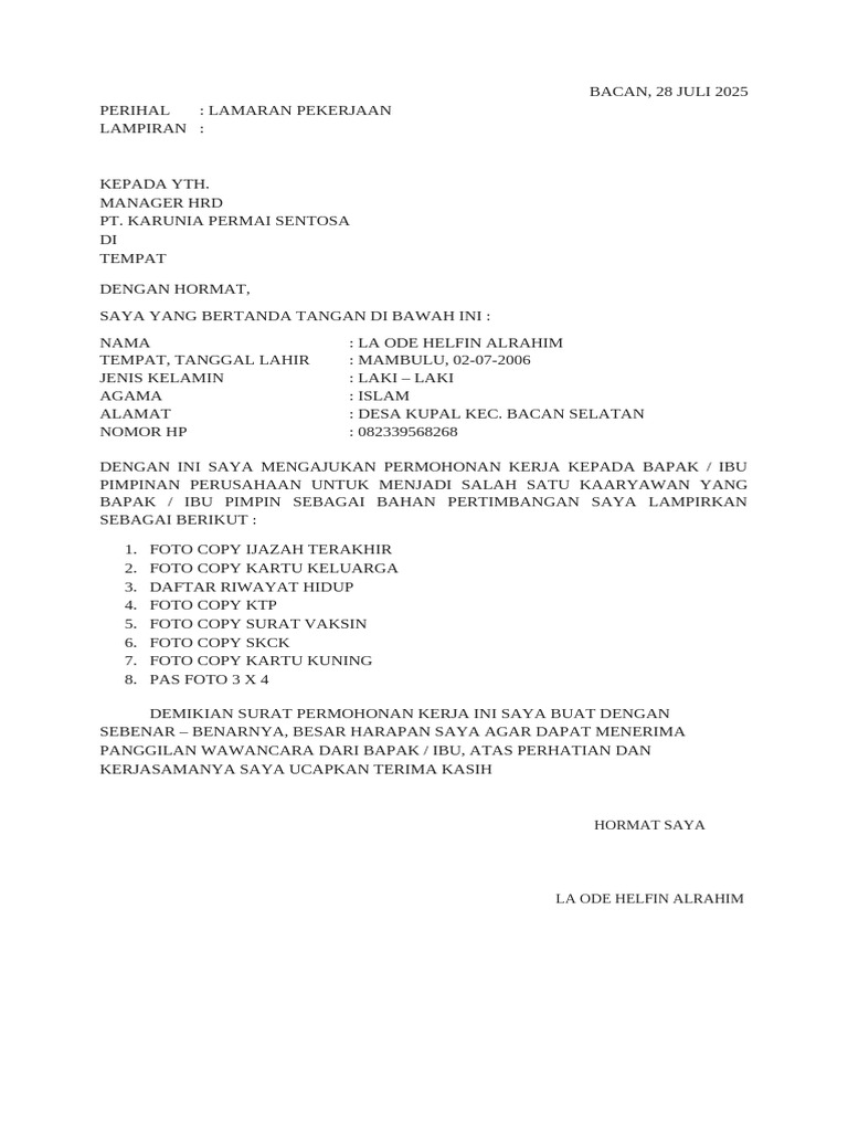 Surat Lamaran Kerja La Ode Helfin | PDF