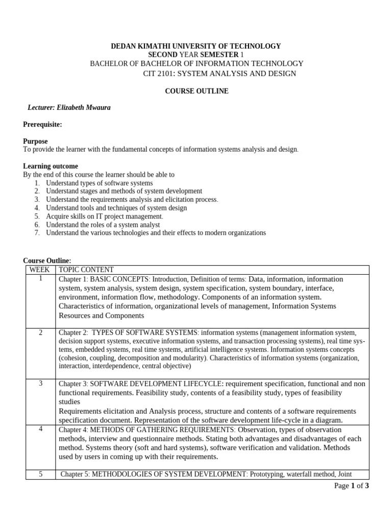 Cit 2101 Systems Analysis and Design Course Outline | PDF | System ...