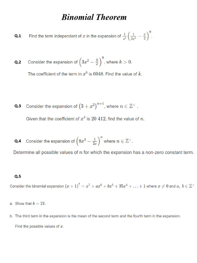 Binomial Theorem Worksheet | PDF