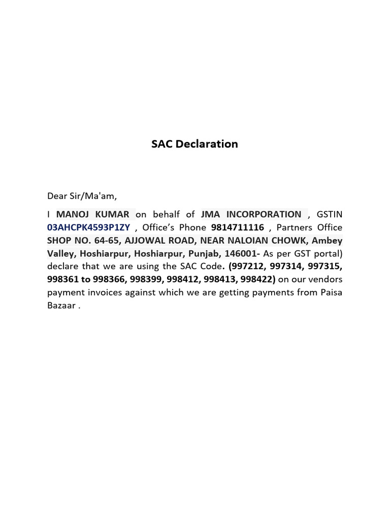 SAC Declaration - LPO-Manoj Kumar | PDF