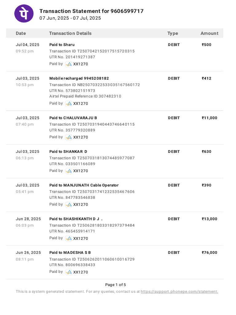 PhonePe Statement Jun2025 Jul2025 | PDF | Debit Card | Debits And Credits