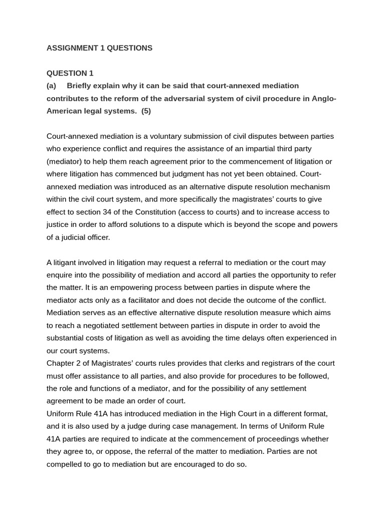 Assignment 1 Questions and Answers | PDF | Mediation | Judgment (Law)