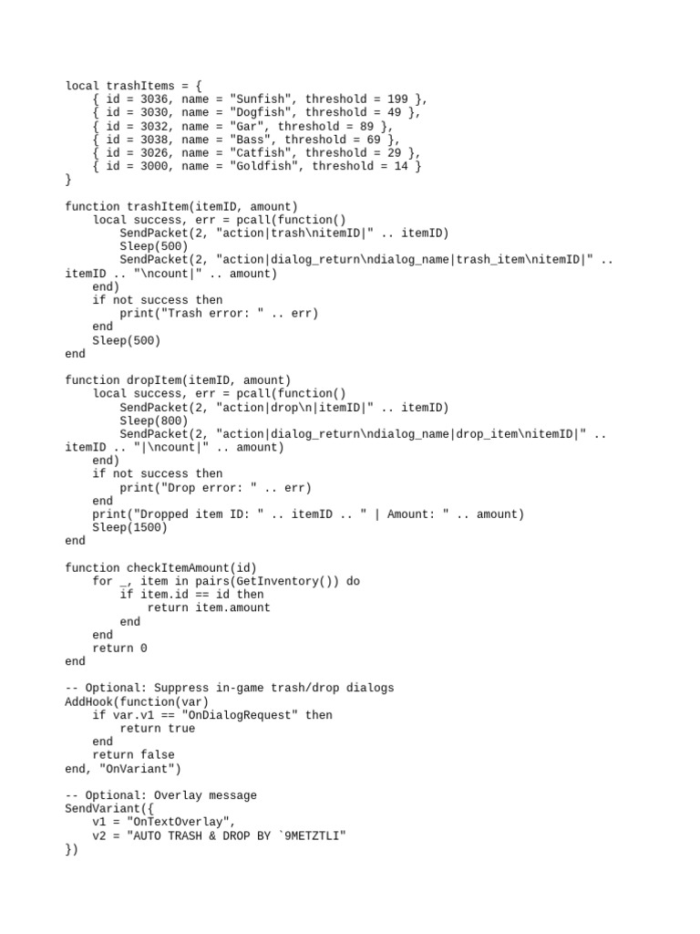 Auto Trash and Drop Script for Fish | PDF