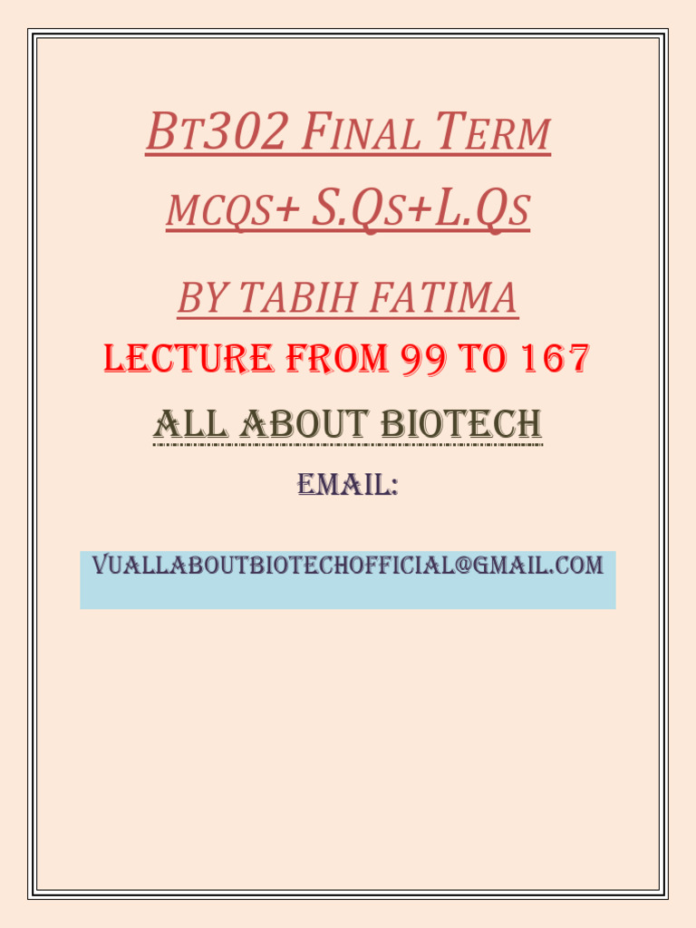 BT302 Final Term Mcqs + Subjective by Tabih Fatima | PDF | Immunodeficiency | Transplant Rejection