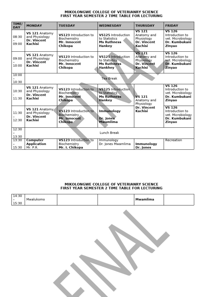 First Year Semester 2 Timetable 2025 | PDF
