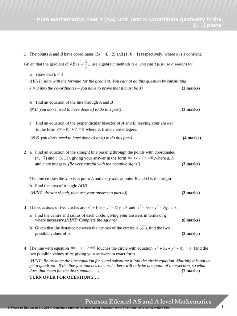 AS Pure Mathematics: Coordinate Geometry Test | PDF | Circle | Equations