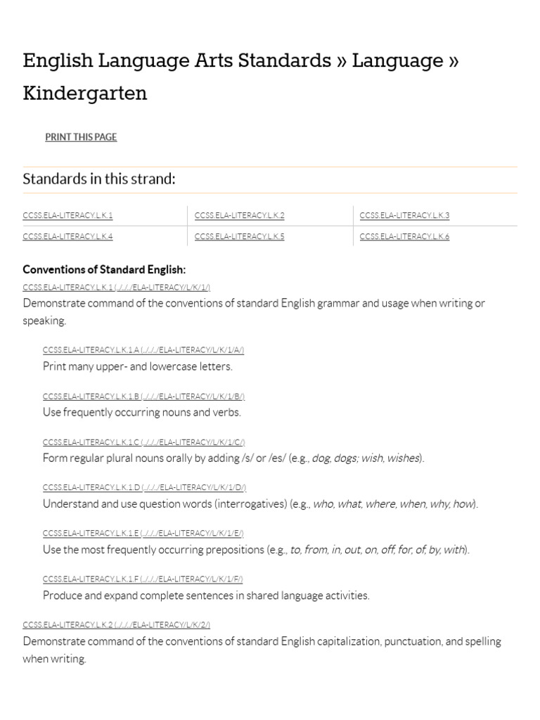 English Language Arts Standards Language Kindergarten - Common Core ...