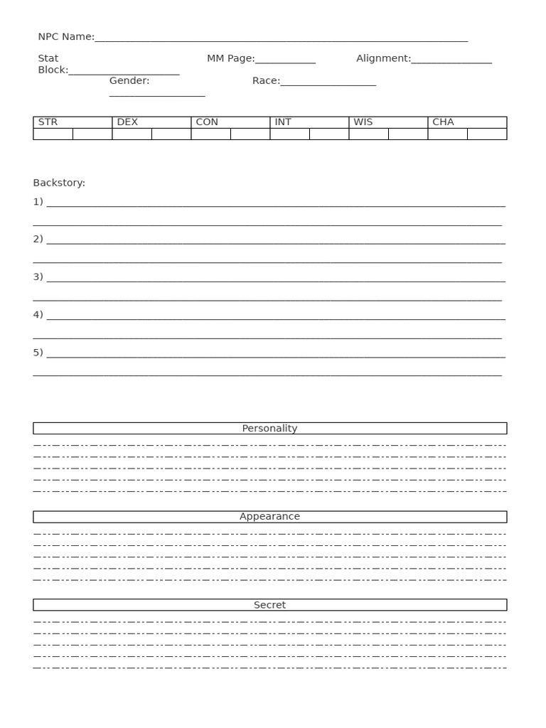 D&D NPC Character Sheet Template | PDF