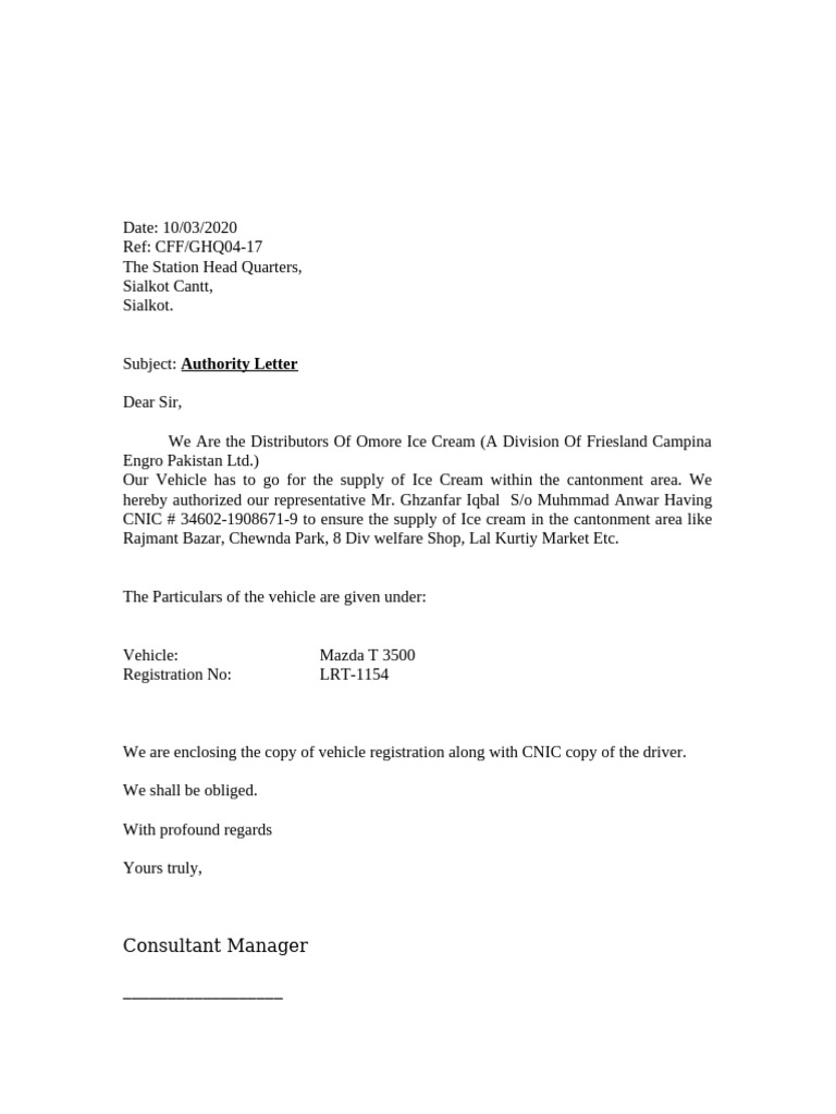 Authority Letter for Cantt Pass Approval | PDF