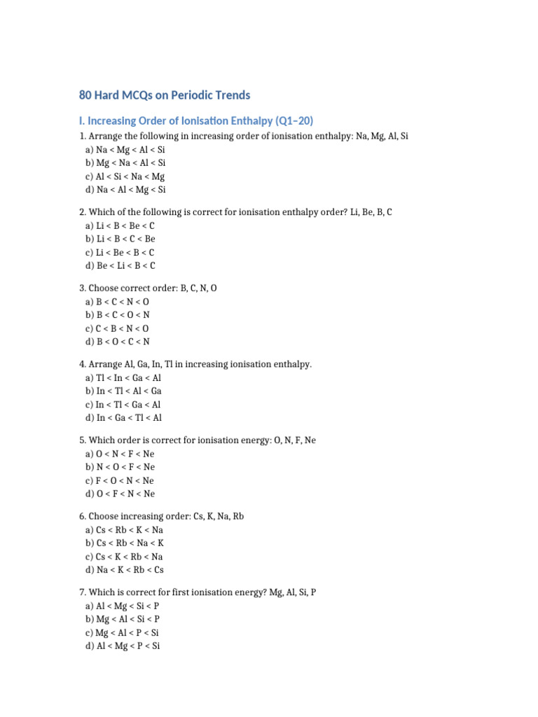 Complete 80 Hard MCQ Periodic Trends | PDF