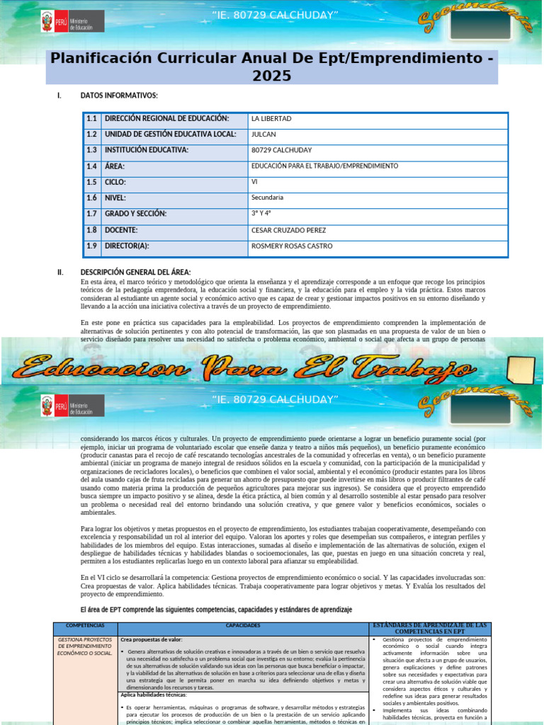 Planificación Curricular EPT 2025 - IE 80729 | PDF | Sustentabilidad ...