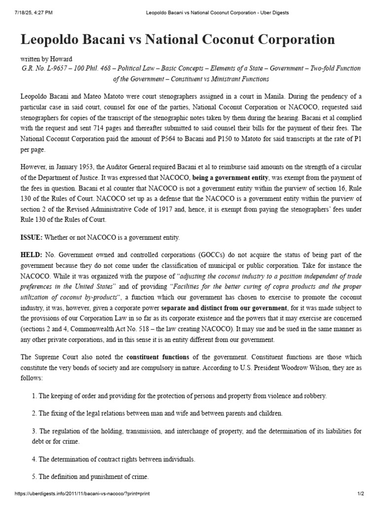 Leopoldo Bacani Vs National Coconut Corporation - Uber Digests | PDF ...