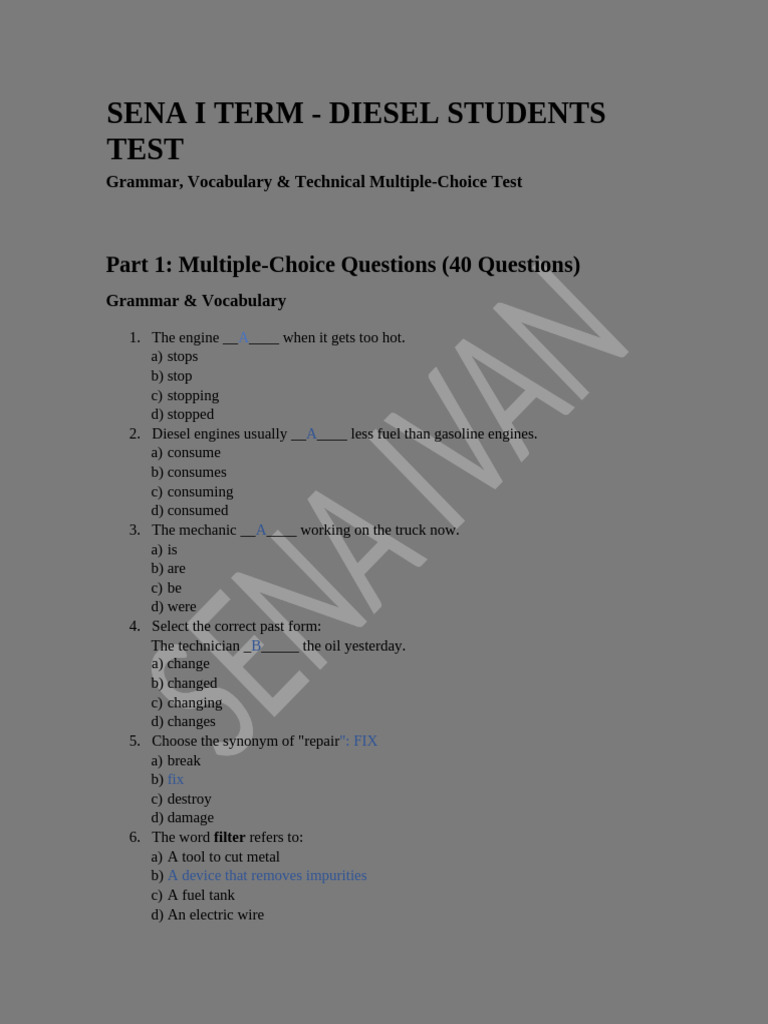 Ingles Diesel Test Sena I Term | PDF | Diesel Engine | Engines