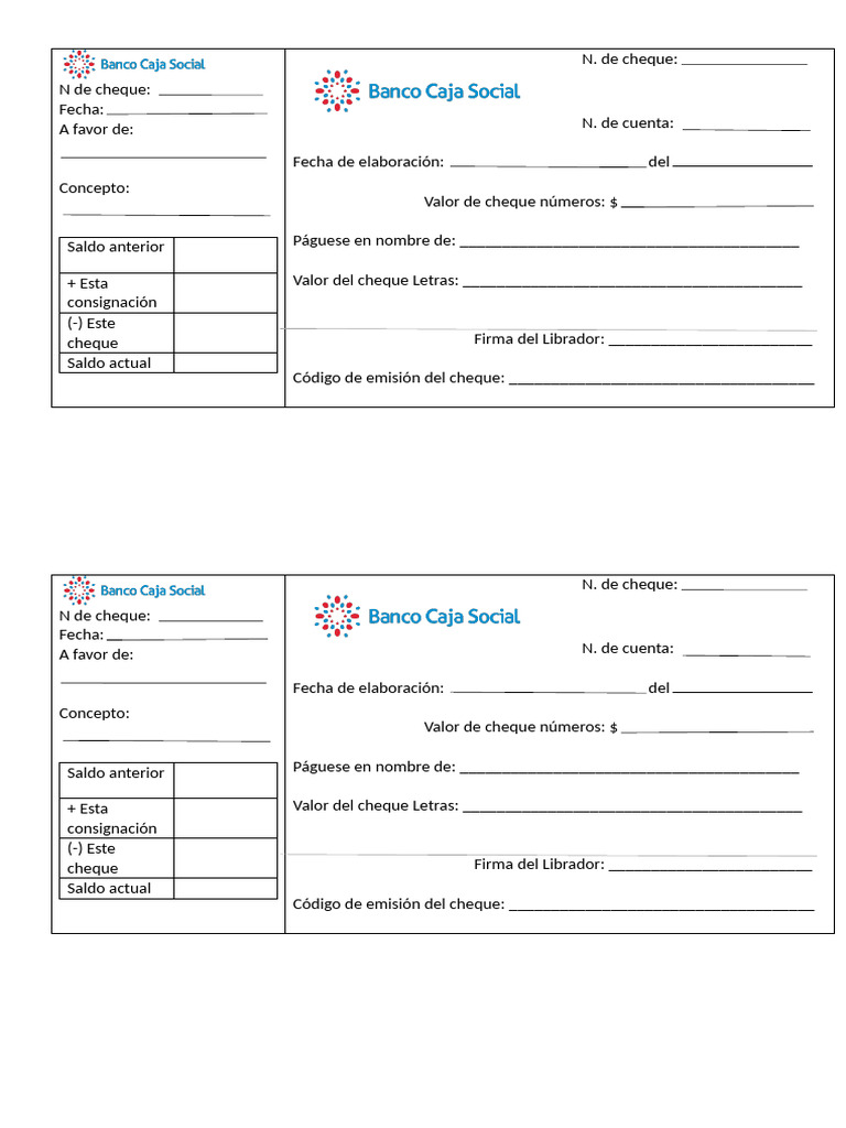 Formato de Cheque Banco Caja Social | PDF