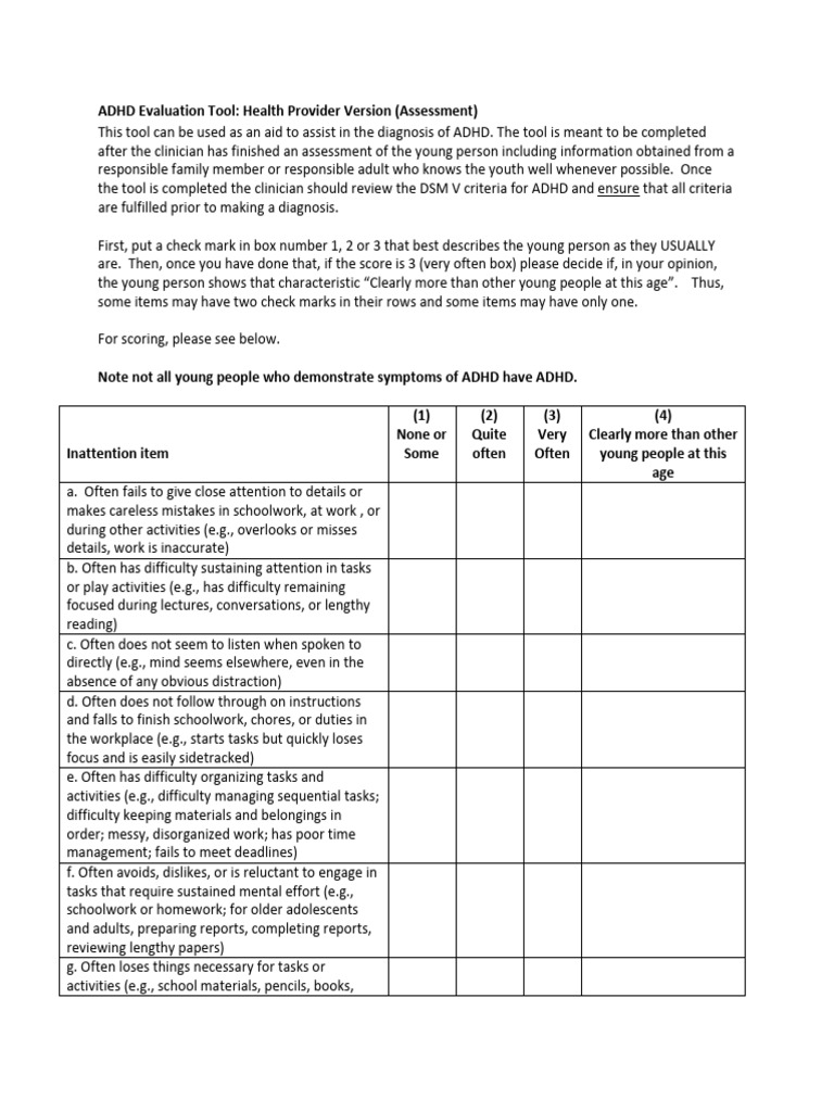 ADHD Evaluation Tool-Health Provider Version (Assessment) | PDF ...