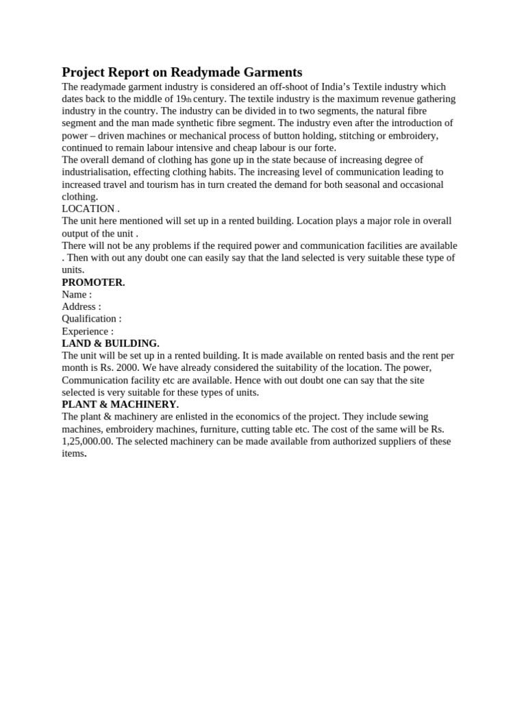 Project Report On Readymade Garments | PDF