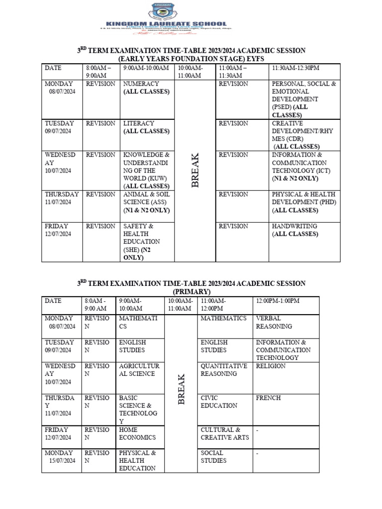 Kls 3rd Term Examination Timetable 2024 | PDF | Intelligence | Science