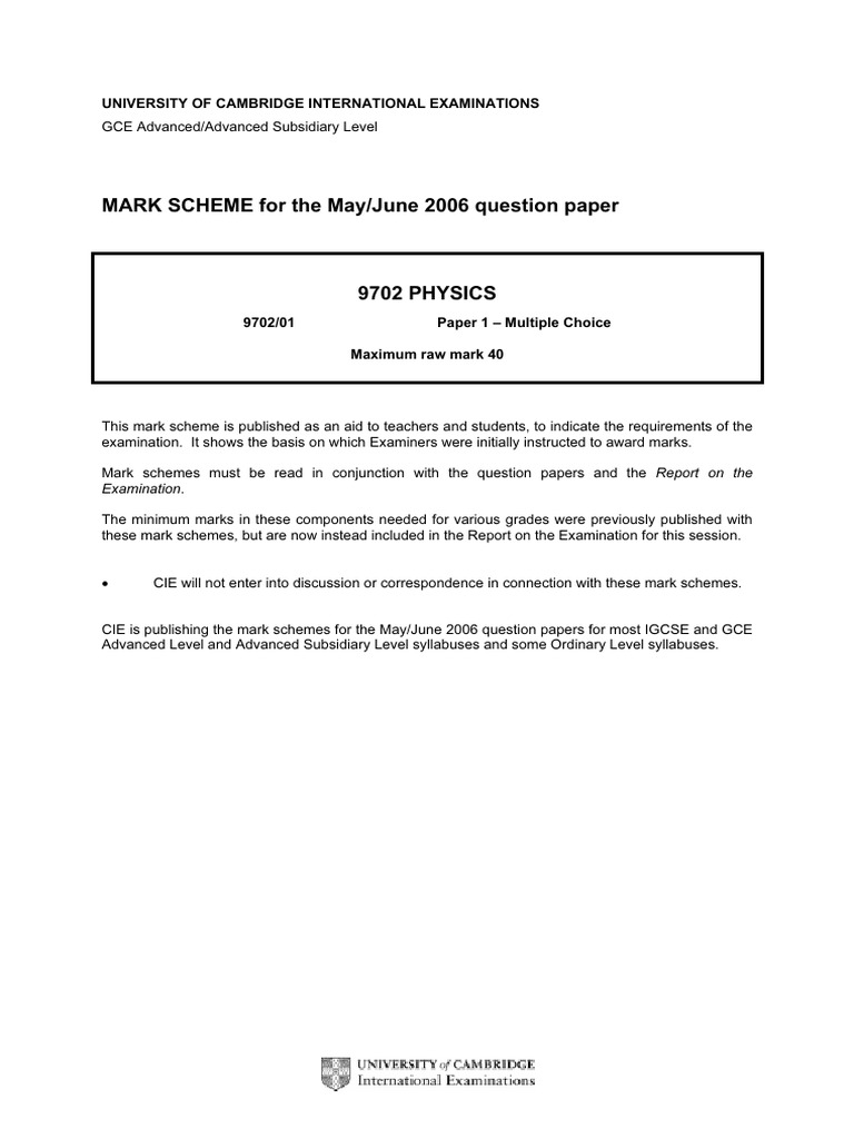 MARK SCHEME For The May/June 2006 Question Paper: University of ...