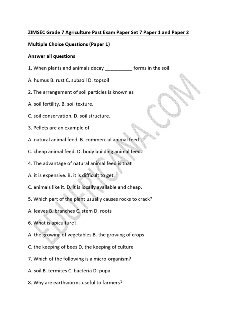 ZIMSEC Grade 7 Agriculture Past Exam Paper Set 7 Paper 1 and Paper 2 ...