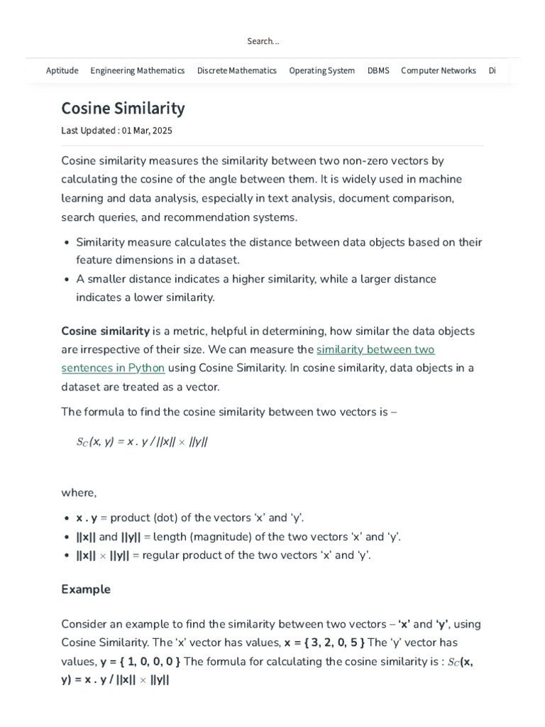 Cosine Similarity - GeeksforGeeks | PDF | Euclidean Vector | Norm (Mathematics)