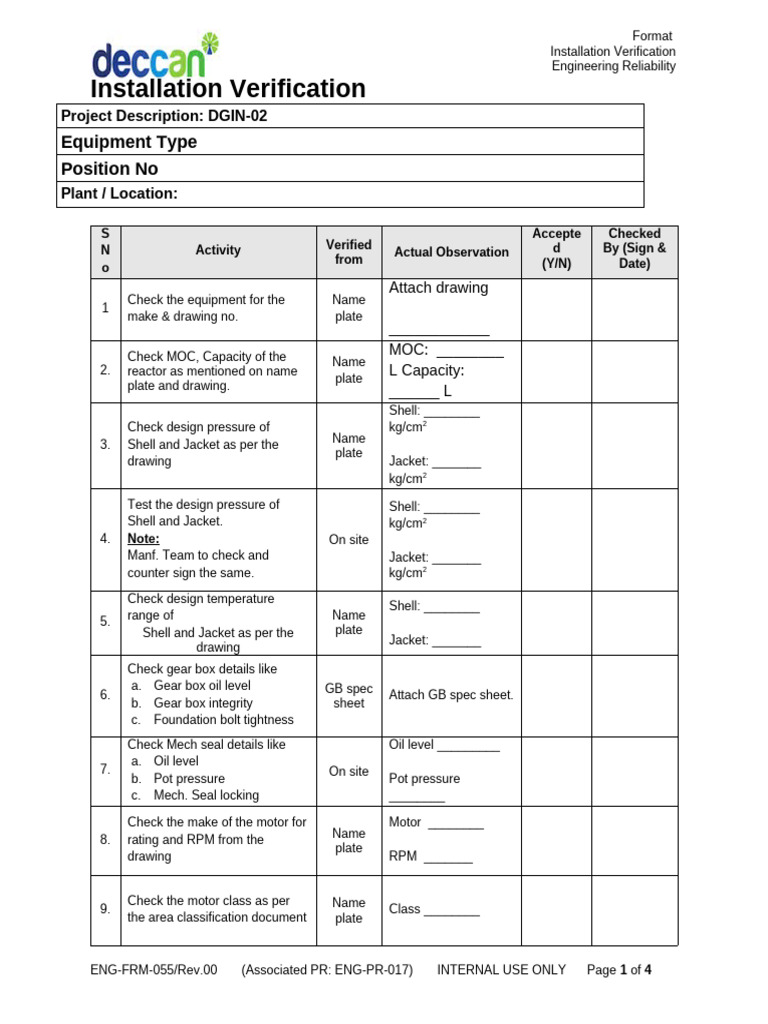 Engg IV Checklist Reactor Vessel | PDF