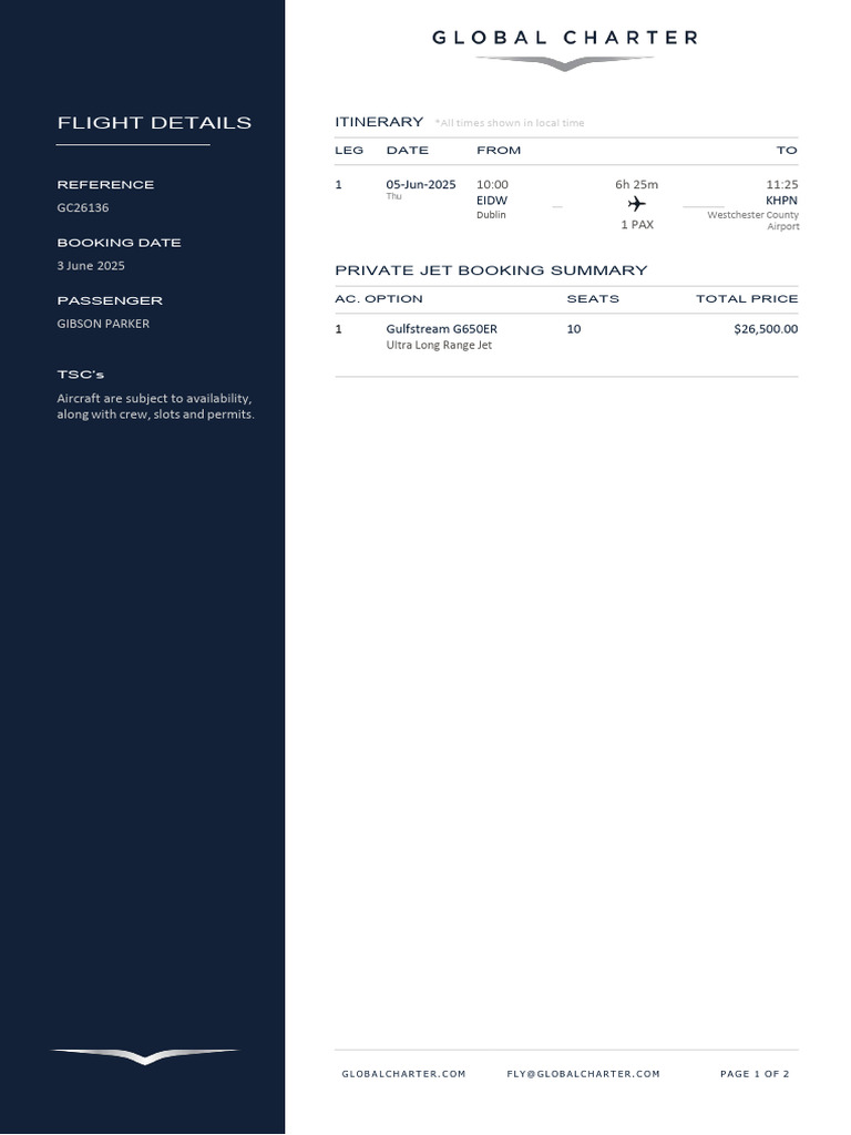 GC26136 Charter Private Jet For Gibson Parker | PDF