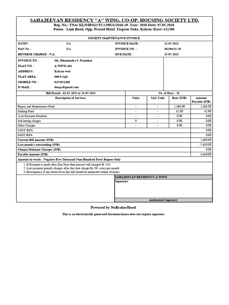 Society Maintenance Invoice 1753337243 | PDF | Cheque | Invoice