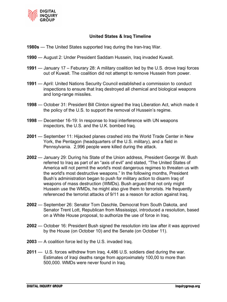 U.S.-Iraq Relations Timeline: 1980-2011 | PDF | Iraq | Weapons Of Mass ...