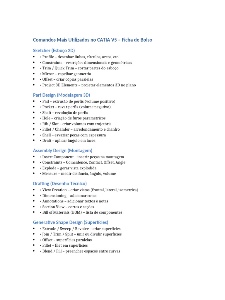 Comandos CatiaV5 Ficha de Bolso | PDF