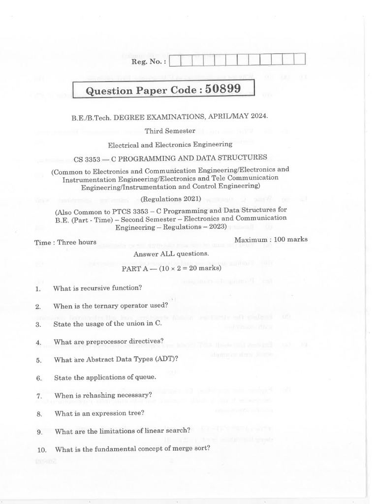 Poriyaan_C Programming and Data Structures - CS3353 2021 Regulation - Semester Question Paper ...