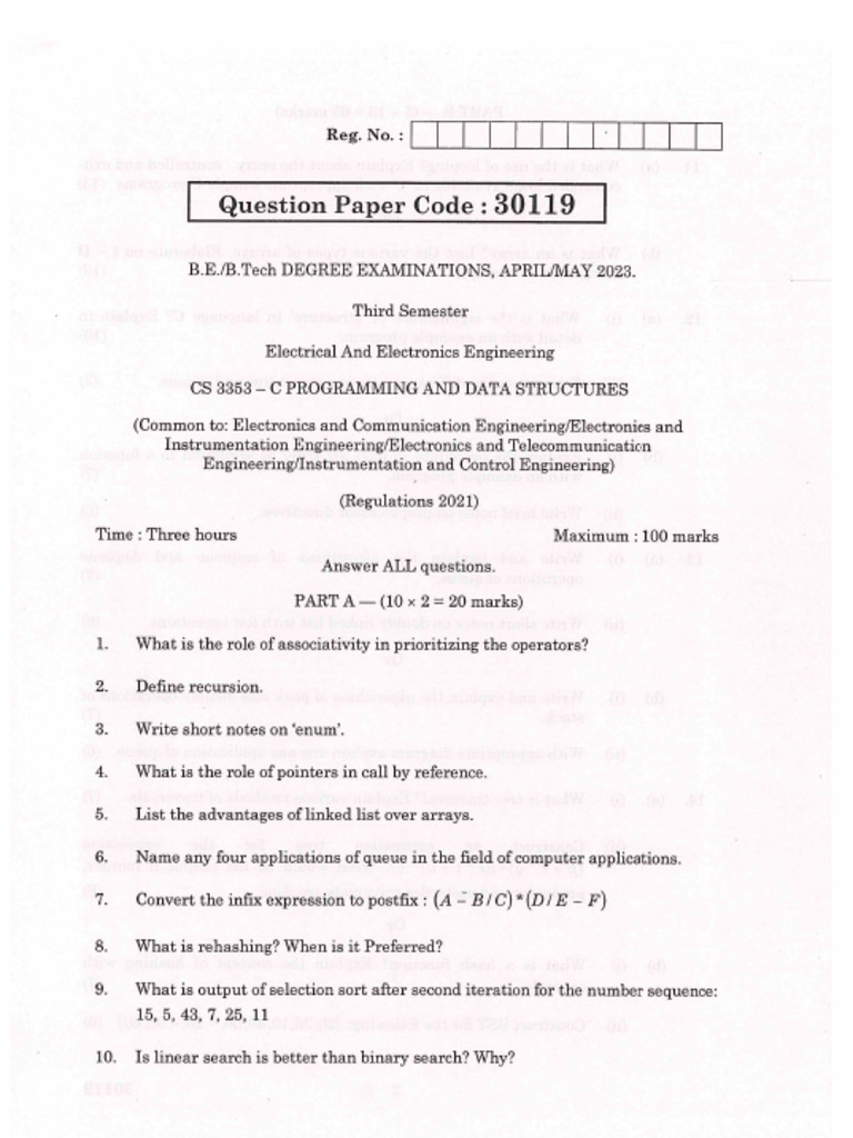 Poriyaan - C Programming and Data Structures - CS3353 2021 Regulation - Semester Question Paper ...