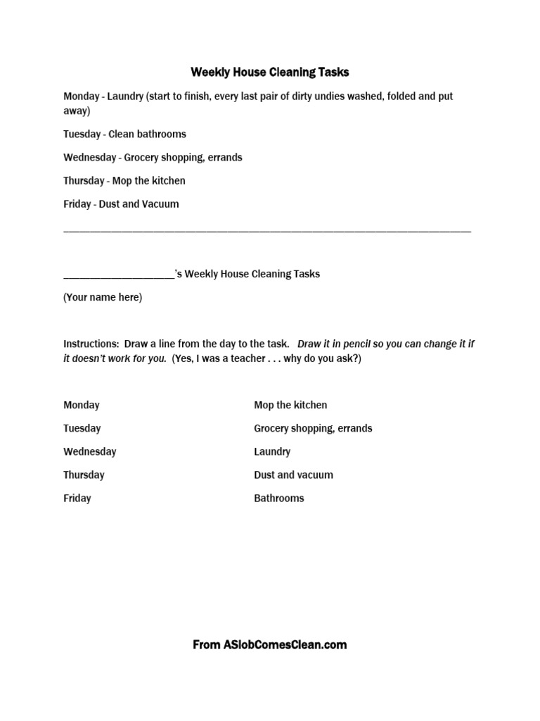Weekly House Cleaning Tasks | PDF