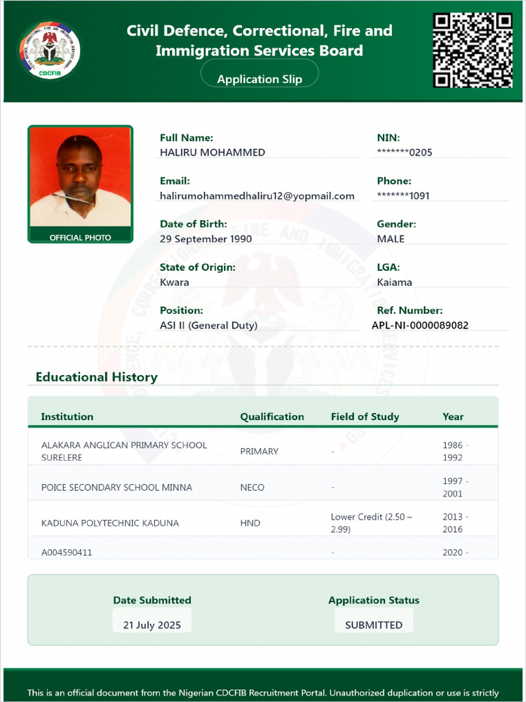 Haliru Haliru Mohammed Application Slip | PDF