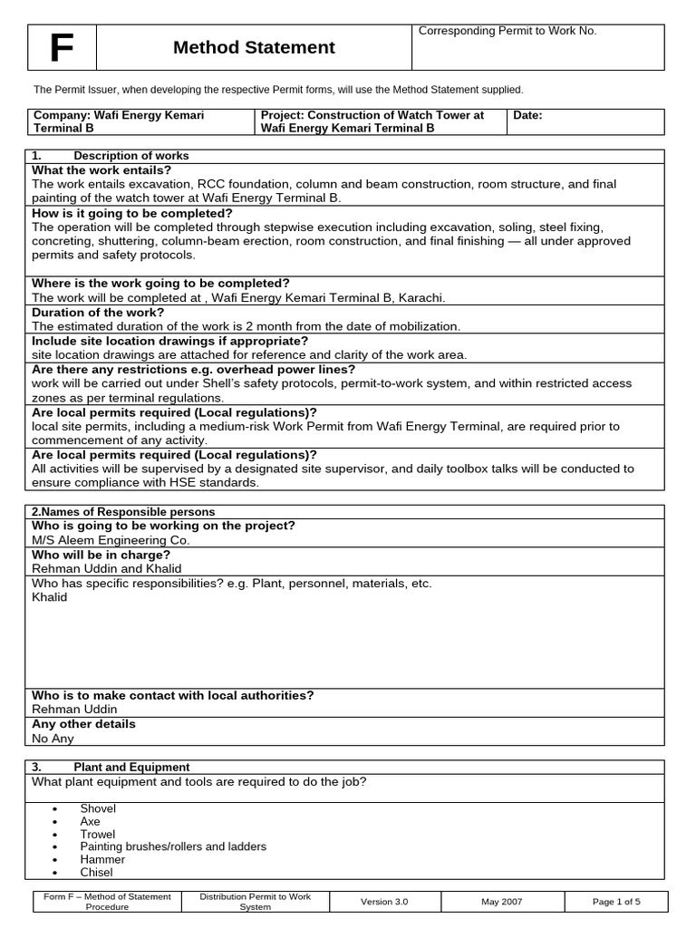 Form F - Method of Statement - For Construction of Watch Tower at Wafi ...