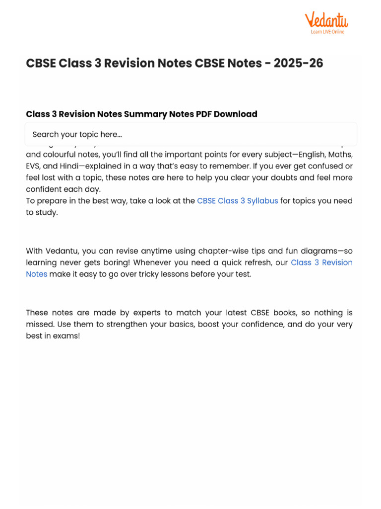 CBSE Class 3 Revision Notes CBSE Notes - 2025-26 | PDF