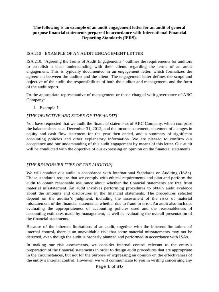 Example of An Audit Engagement Letter | PDF | Audit | Internal Control