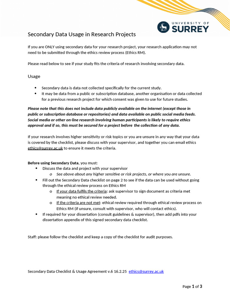 Secondary Data Checklist Usage Agreement v.6 16.2.25 | PDF | Data | Information Science