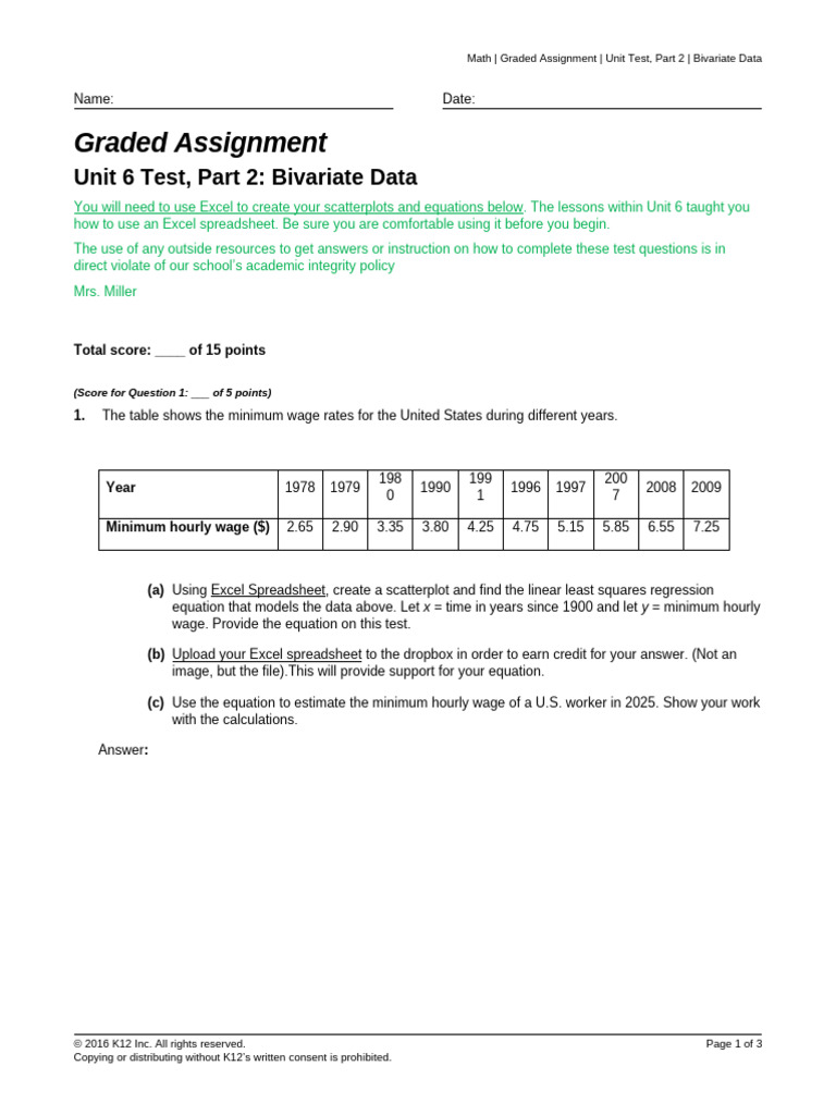 Bivariate Data Unit Test Instructions | PDF | Regression Analysis ...