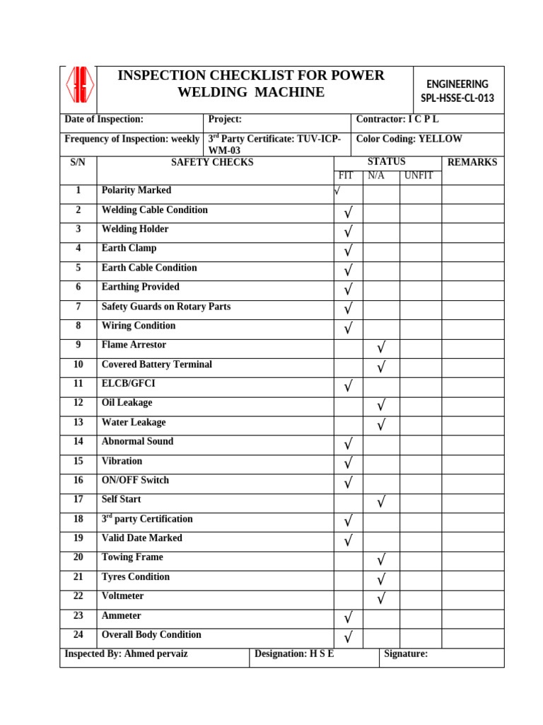 Inspection Checklist for Welding Machine (Ahmed Pervaiz) | PDF